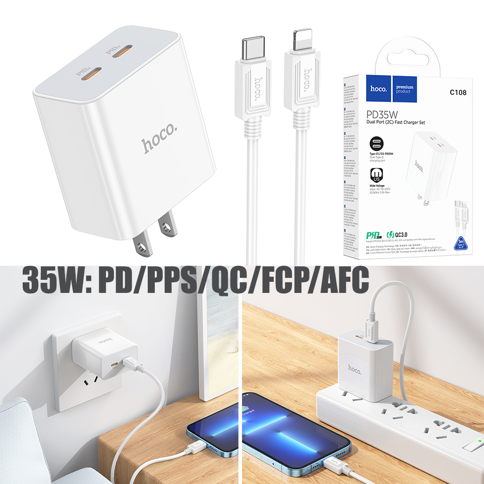 HOCO C108 Power Charger PD35W 2 Ports Set PD (C to IP) (BC9180) - VTENH